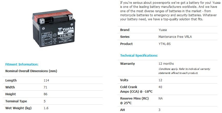 Yuasa YT4L-BS Maintence Free VRLA