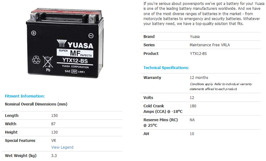Yuasa YTX12-BS Maintence Free VRLA