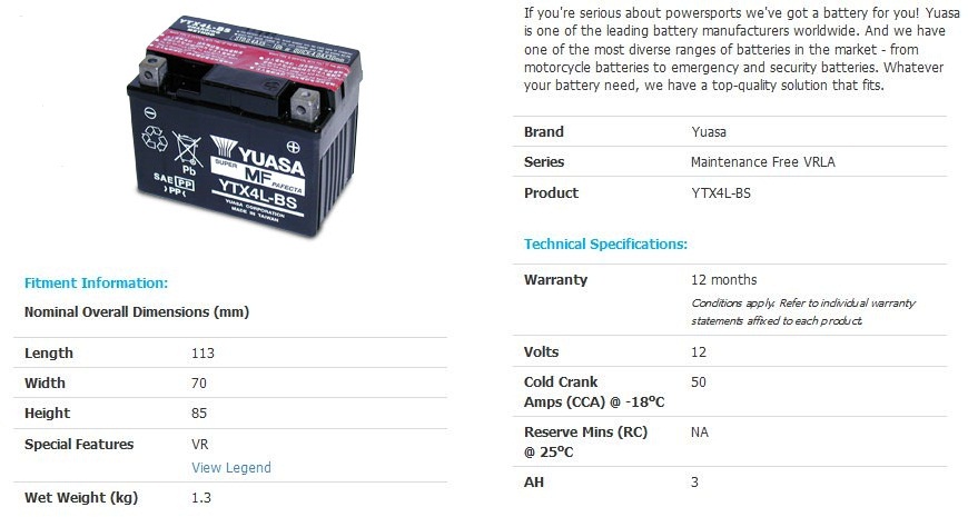 Yuasa YTX4L-BS Maintence Free VRLA
