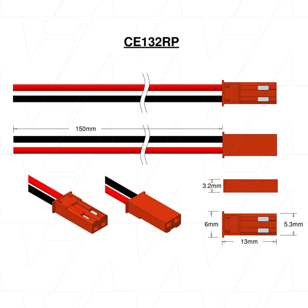 Enepower CE132RP JST SYP-02T-1 Male Connector 22AWG 150mm leads PIN 1 Red, PIN 2 Black ...