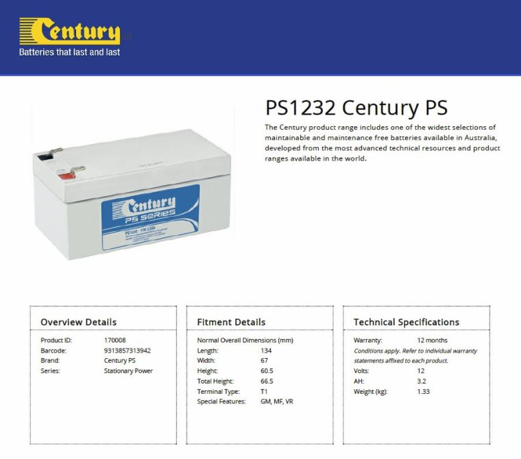 Century PS1232 12V 3.2Ah PS Series Battery | Batteries Direct