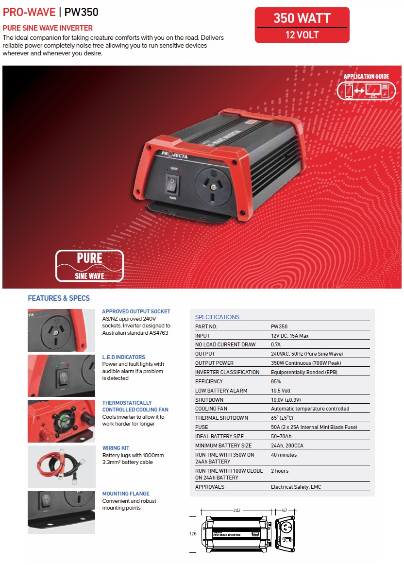 Projecta PW350 Pro-Wave 12V 350W Pure Sine Wave Inverter | Batteries Direct