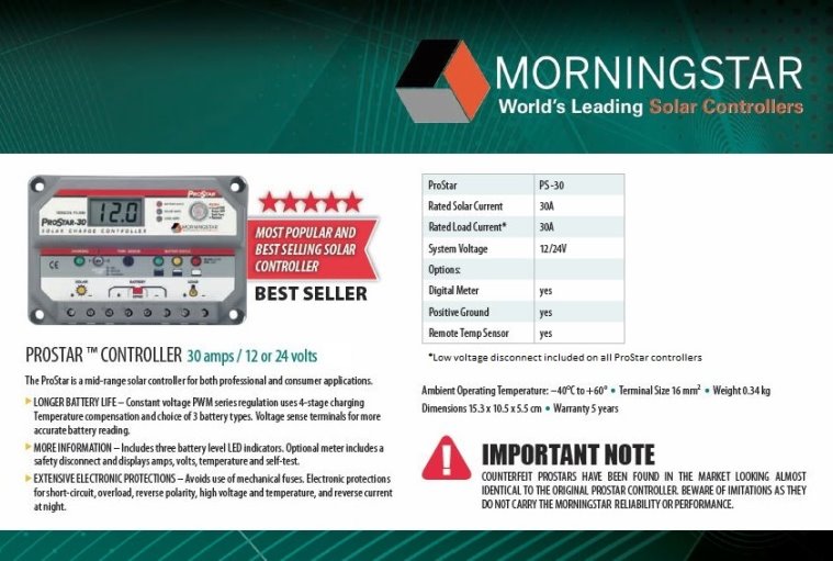 Morningstar SR-PS-30M ProStar 12/24V 30Amp PWM Solar Charge Controller ...